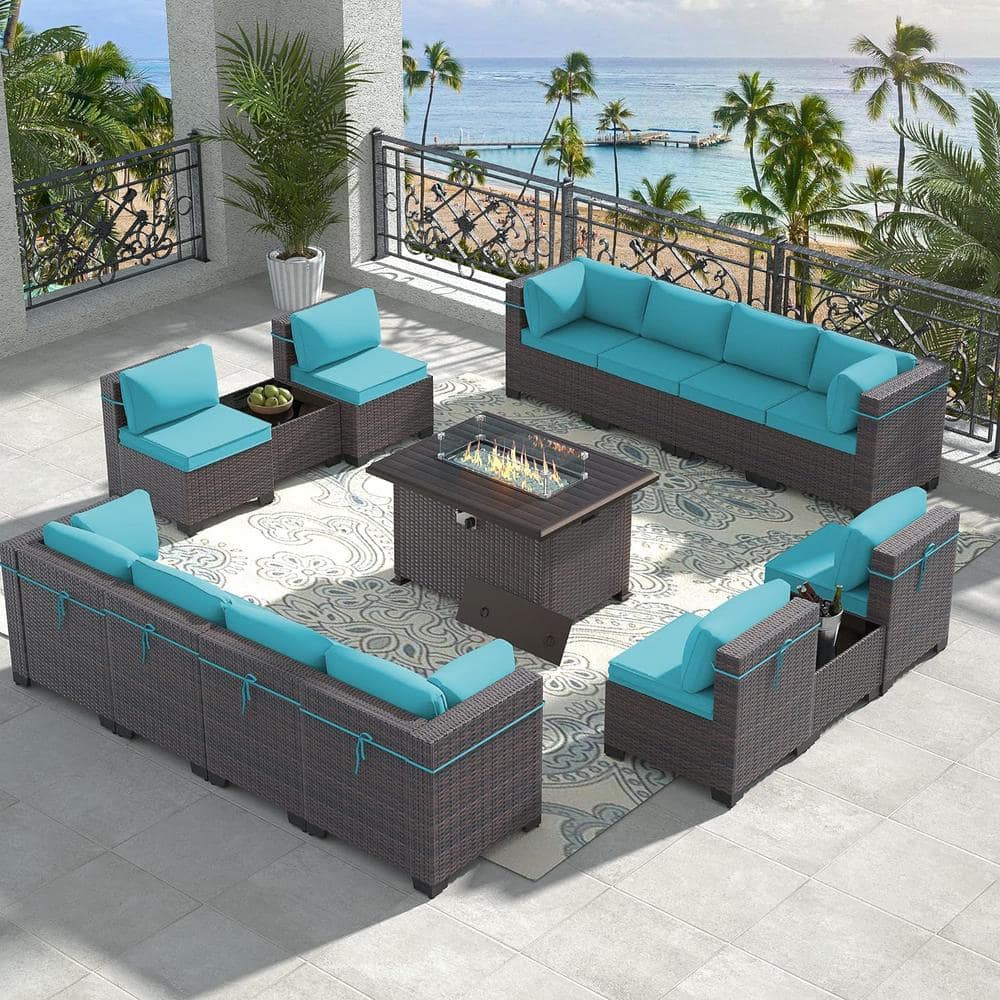 Halmuz 15-Piece Wicker Patio Conversation Set with 55000 BTU Gas Fire ...