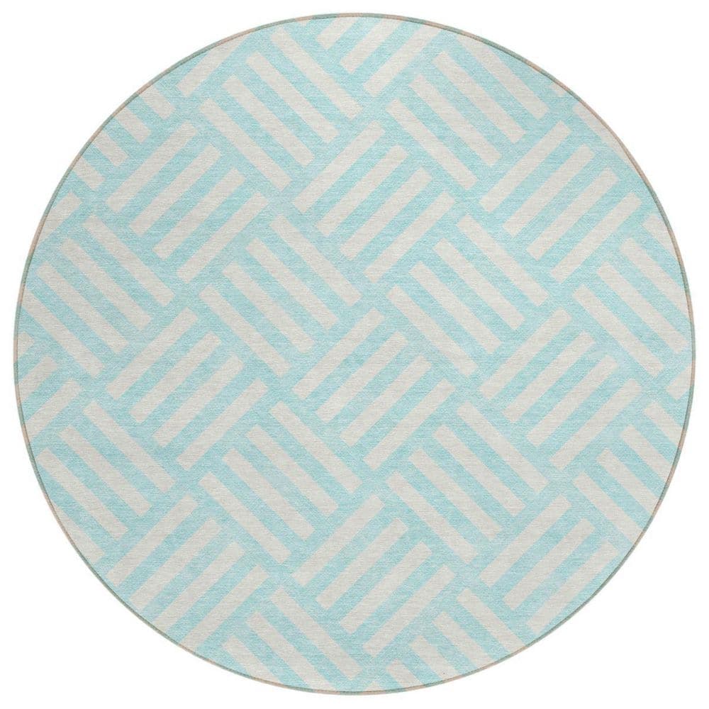HomeRoots Aqua, Ivory 8 ft. Round Woven Geometric Polyester Round ...