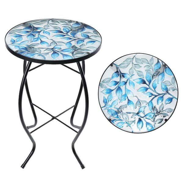 MOEPISY 14 in. Blue and Transparency Leaf Glass Accent Round End Table ...
