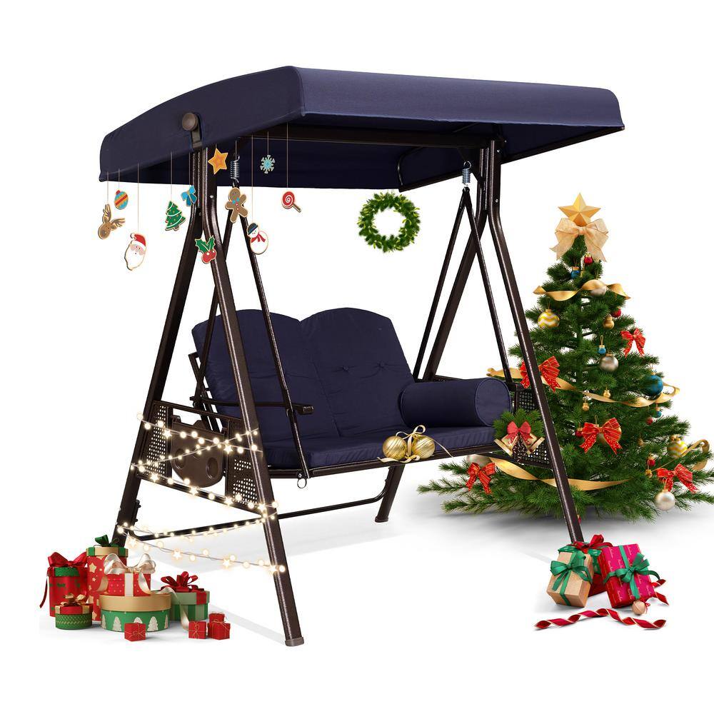 PURPLE LEAF 2-Person Steel Metal Patio Swing with Foldable Side Table ...