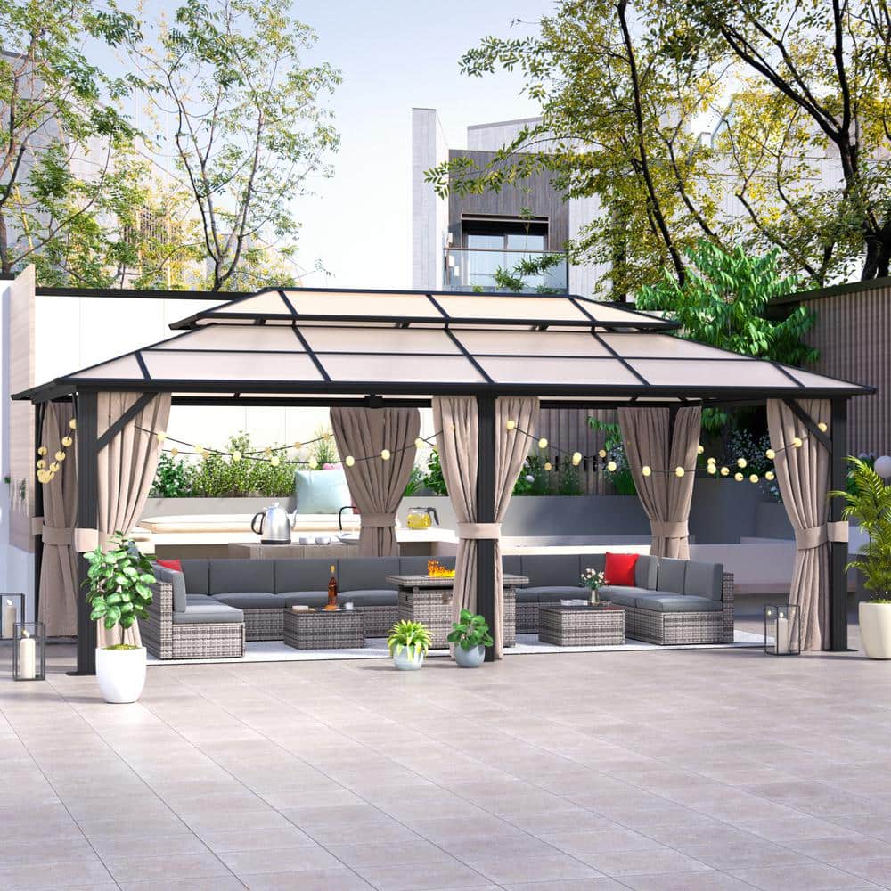 Sizzim 20 ft. x 12 ft. Outdoor Brown Polycarbonate Double Roof Gazebo ...