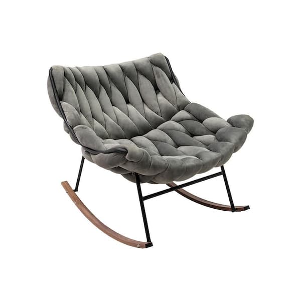 Zeus & Ruta Black Metal Outdoor Rocking Chair with Gray White Cushions ...