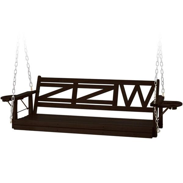 3-Person Wooden Black Porch Swing, Outdoor Hanging Chair with Chains ...