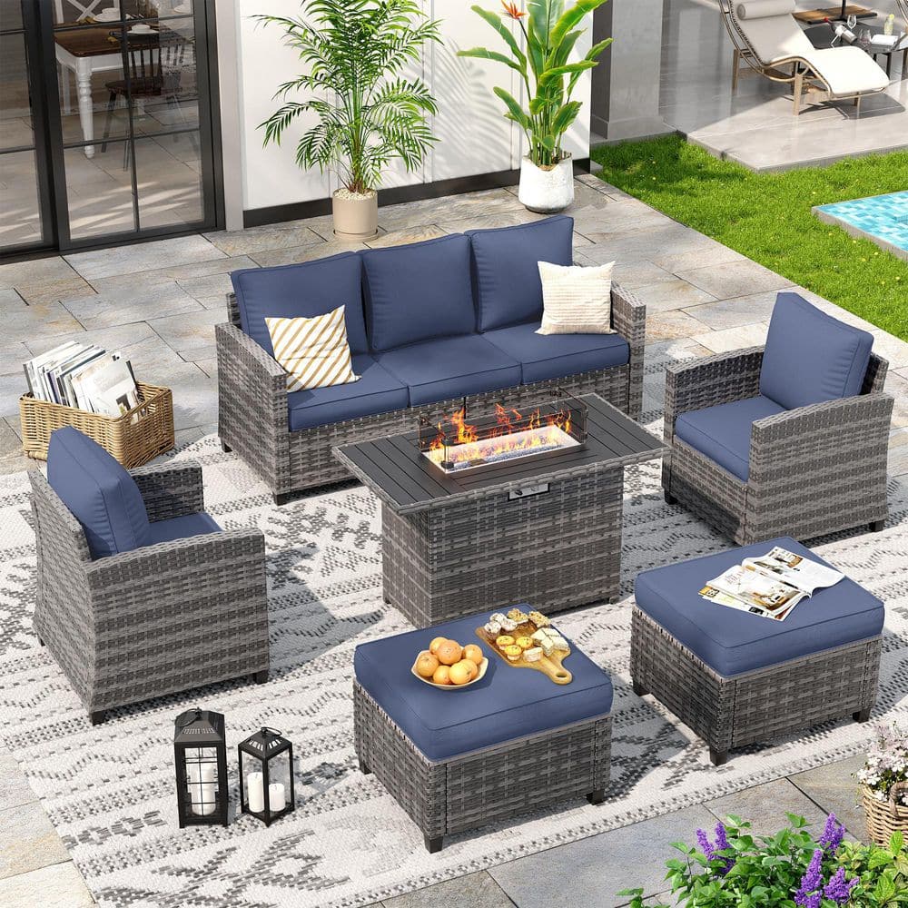 Gray Wicker 5-Person 6 Pieces Patio Conversation Set With Navy Blue ...