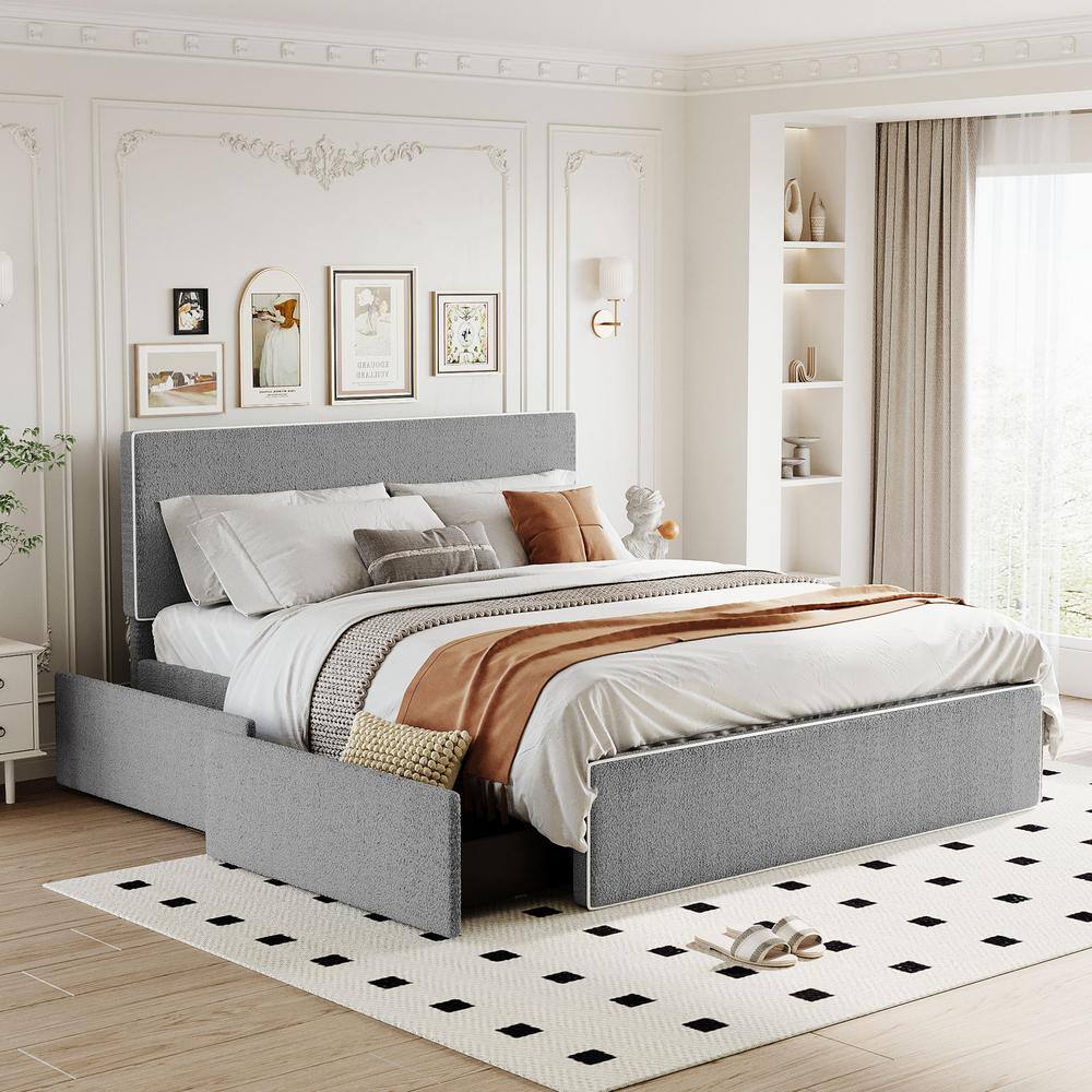 Harper & Bright Designs Gray Wood Frame Queen Size Fleece Fabric Upholstered Platform Bed with 4 ...