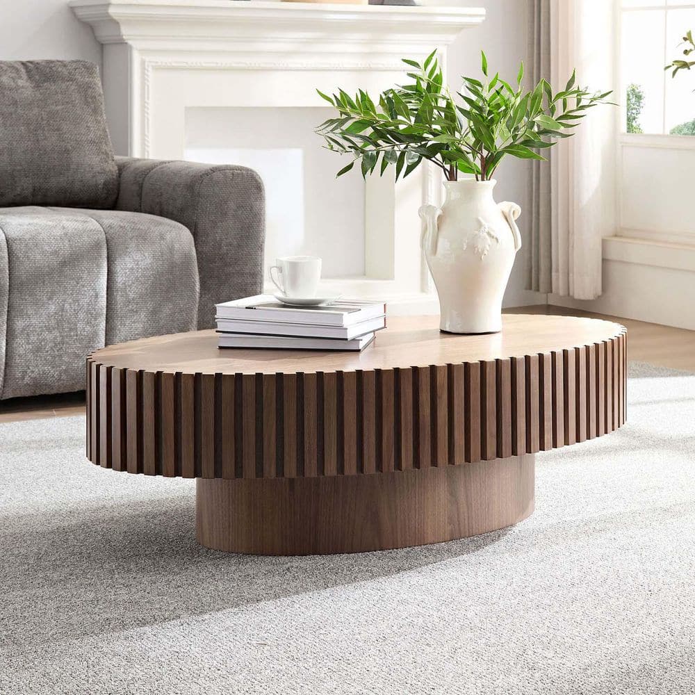 43.7 in. Walnut Oval MDF Coffee Table Modern Handcraft Drum Coffee ...