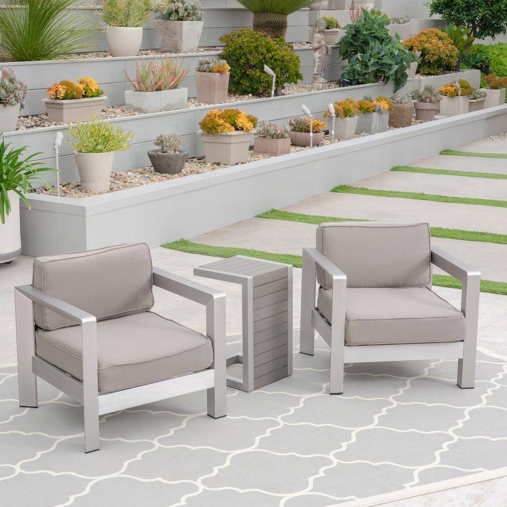 Noble House Alvira Silver 3-Piece Aluminum Patio Conversation Set with ...