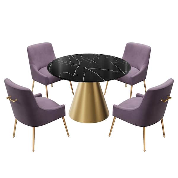 Clihome 5-Piece Black Marble Counter Top Dining Table Set Seats 4(4 ...