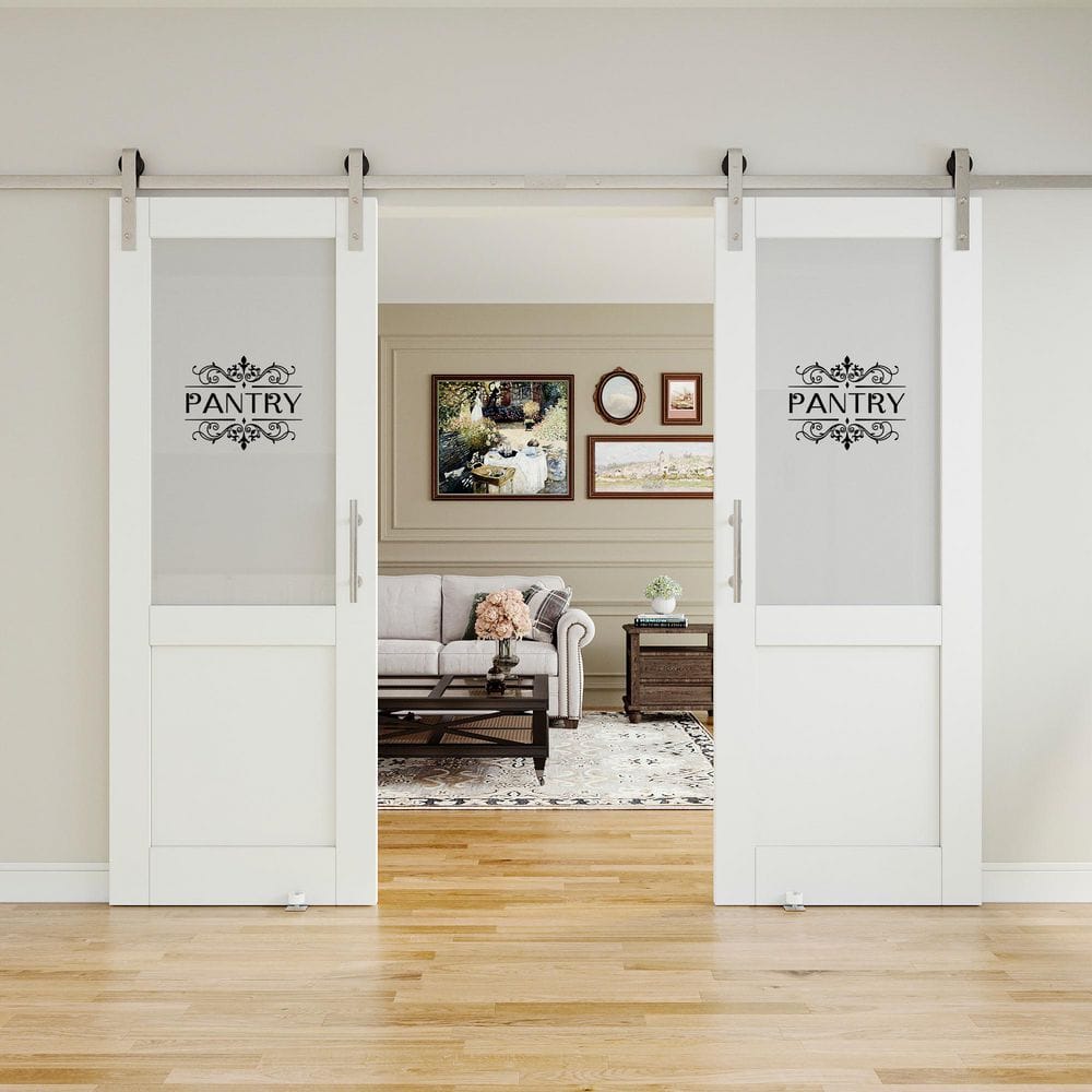 ARK DESIGN 56 in. x 80 in. 1/2-Lite Frosted Glass White MDF Sliding ...