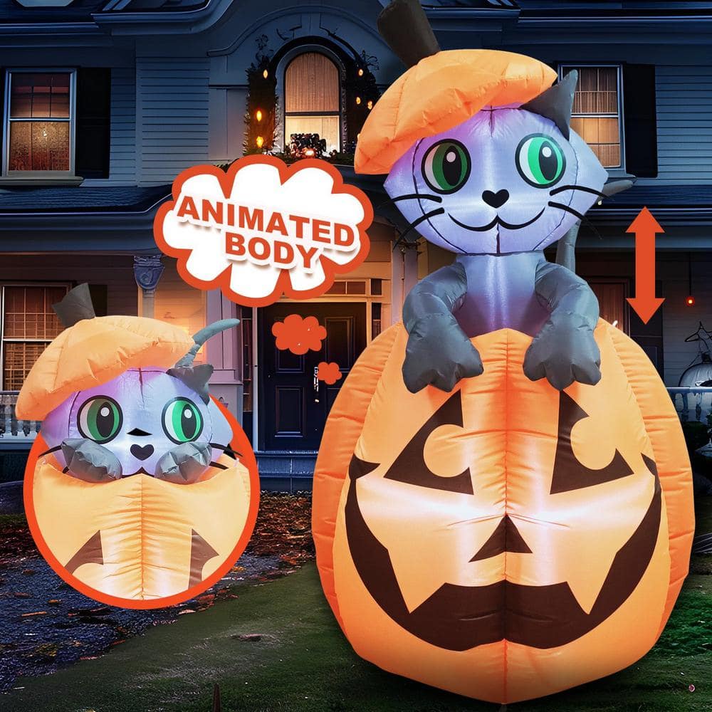 Joyfy 5 ft. Multi-Color Halloween Inflatable Kitty Cat On Pumpkin Made ...