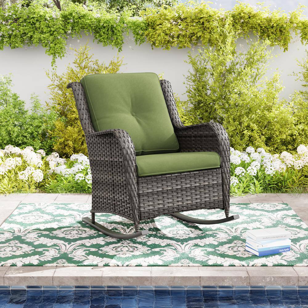 JOYSIDE Wicker Outdoor Patio Rocking Chair with Green Cushion M04T-GRN ...