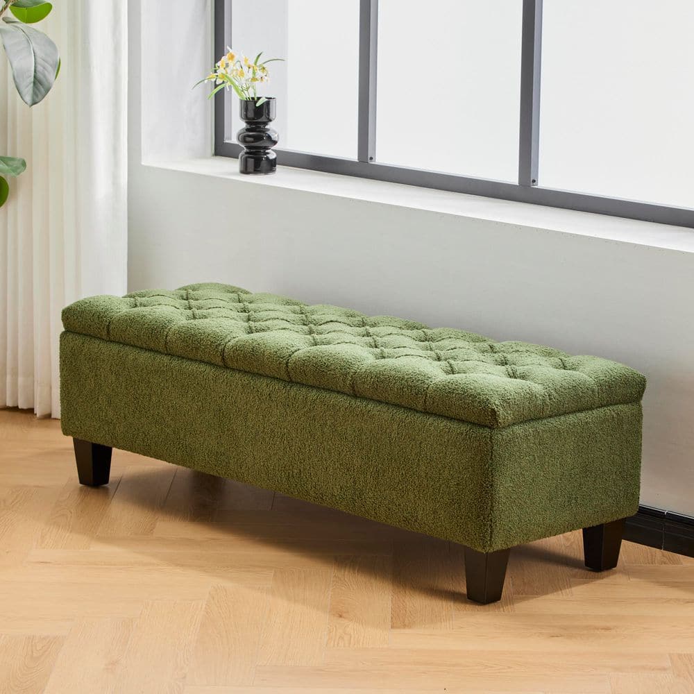 Green Fiber Rectangle Ottoman,Storage Ottoman Bench,Foot Rest with Wood ...