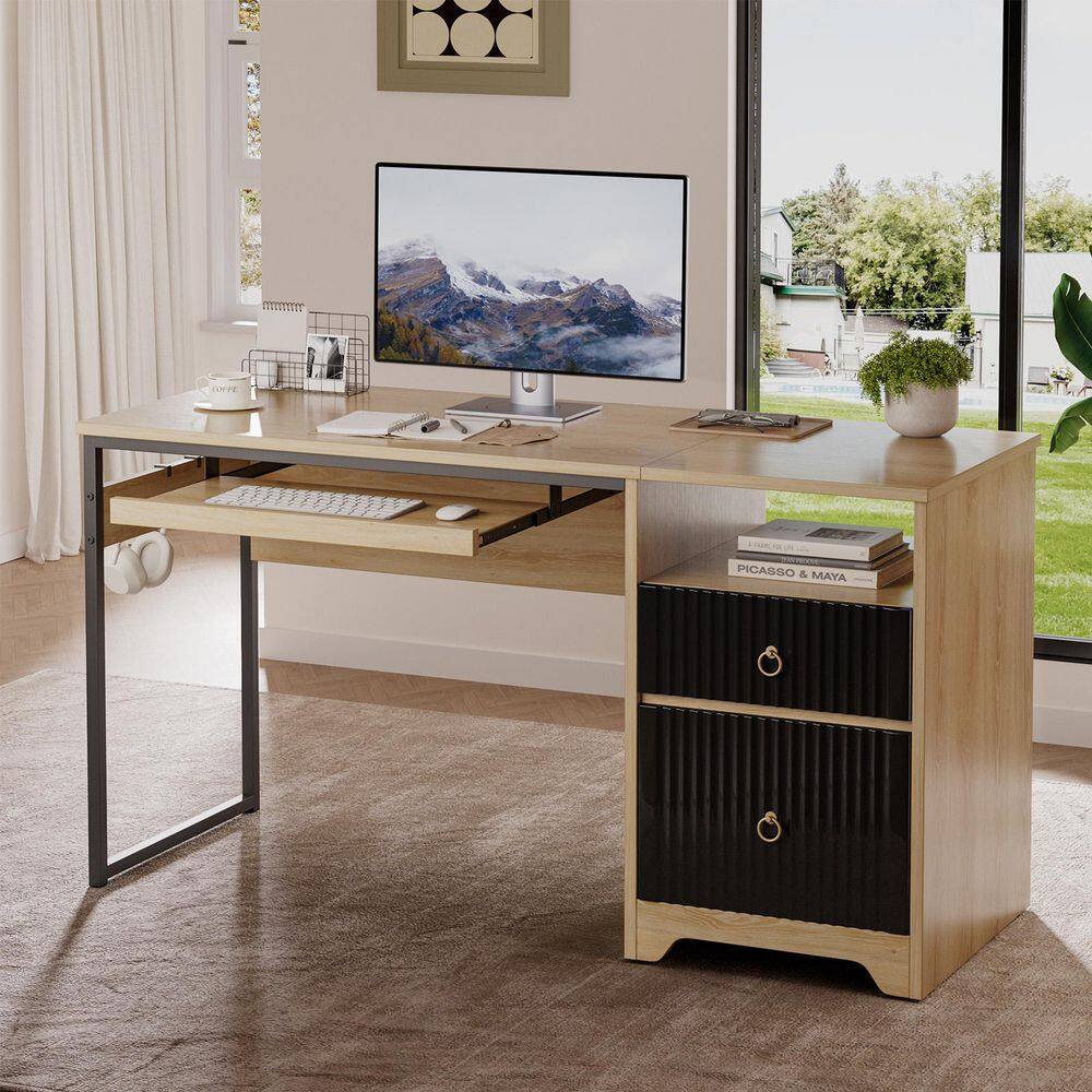 Bestier 55 in. Log 2-Drawers Writing Computer Desk with Open and File ...