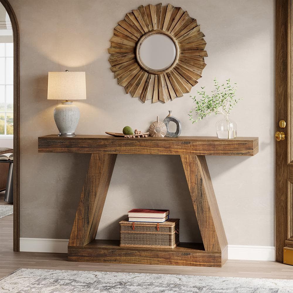 BYBLIGHT 55.12 in. Brown Rectangle Engineered Wood Console Table for ...