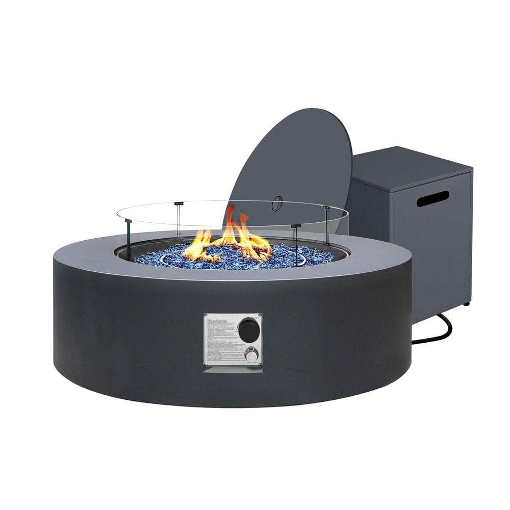 UPHA 42 in. Round Iron Propane Fire Pit Table with Tank Cover and Wind ...