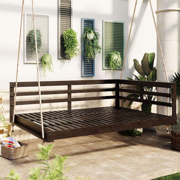 Brown Acacia Wood Porch Swing with Hanging Rope and Open Side Rail WZX ...