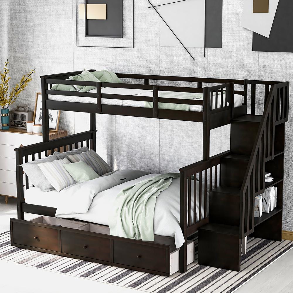 Harper & Bright Designs Detachable Style Espresso Twin over Full Wood ...