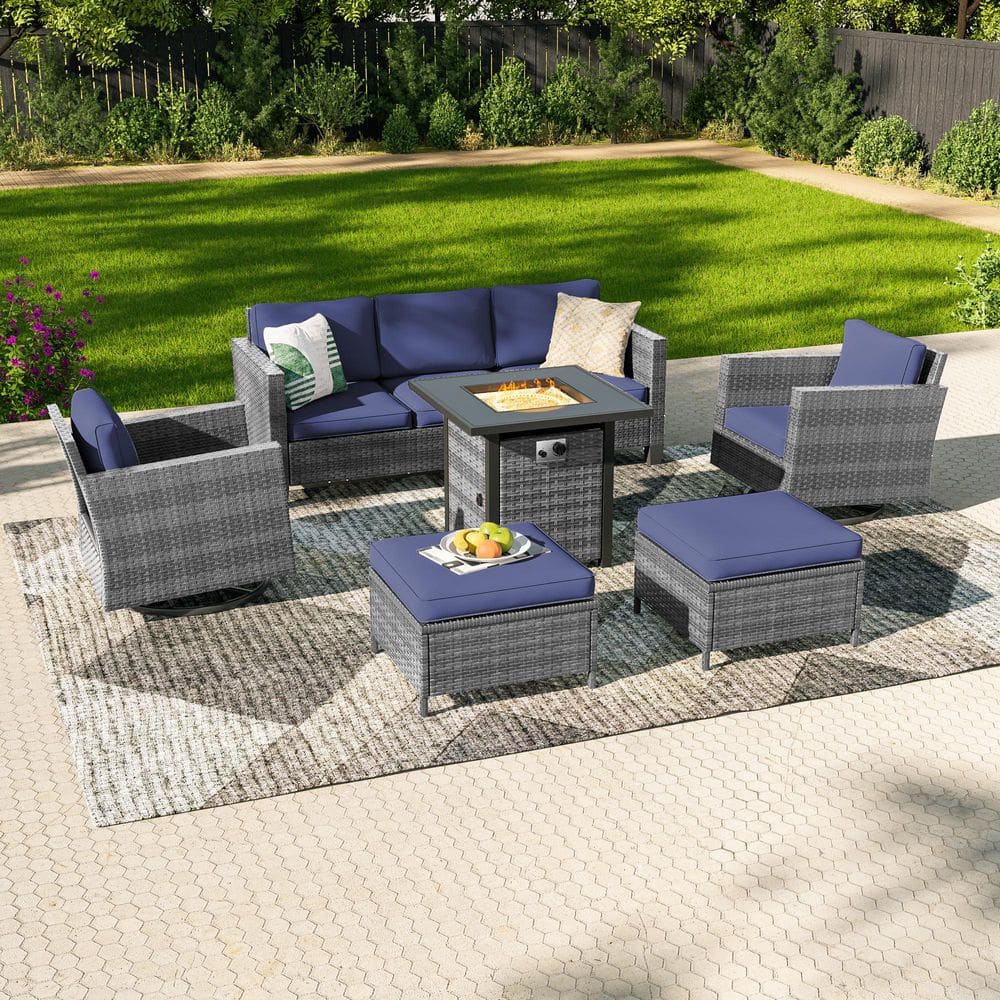 Sonkuki 6-Pieces Patio Conversation Set with Square Fire Pit Table and ...