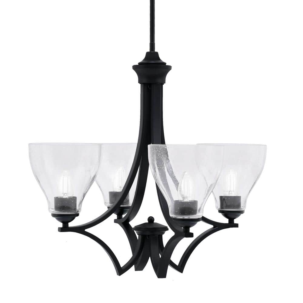 Clevelend 4-Light Matte Black Round Chandelier with 6.25 in. Clear Bubble Glass Shades, No bulbs ...