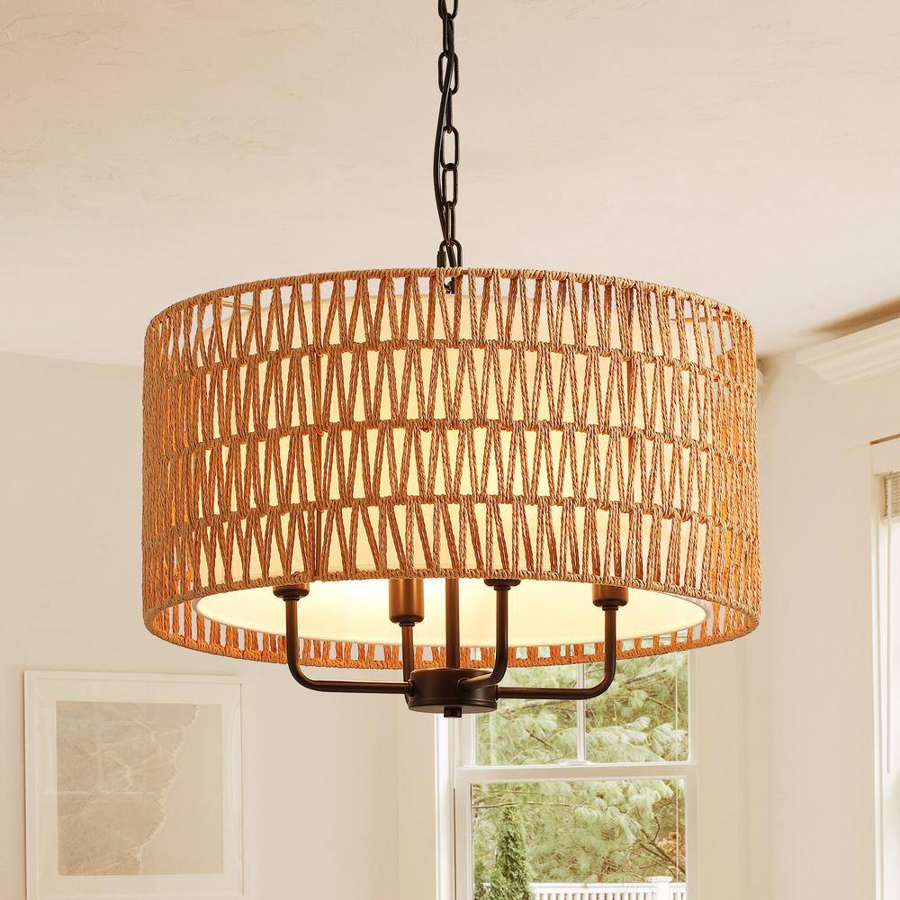 SILJOY 19.7 in. 4-Light Rattan Yellow Bohemin Chandelier for Foyer ...