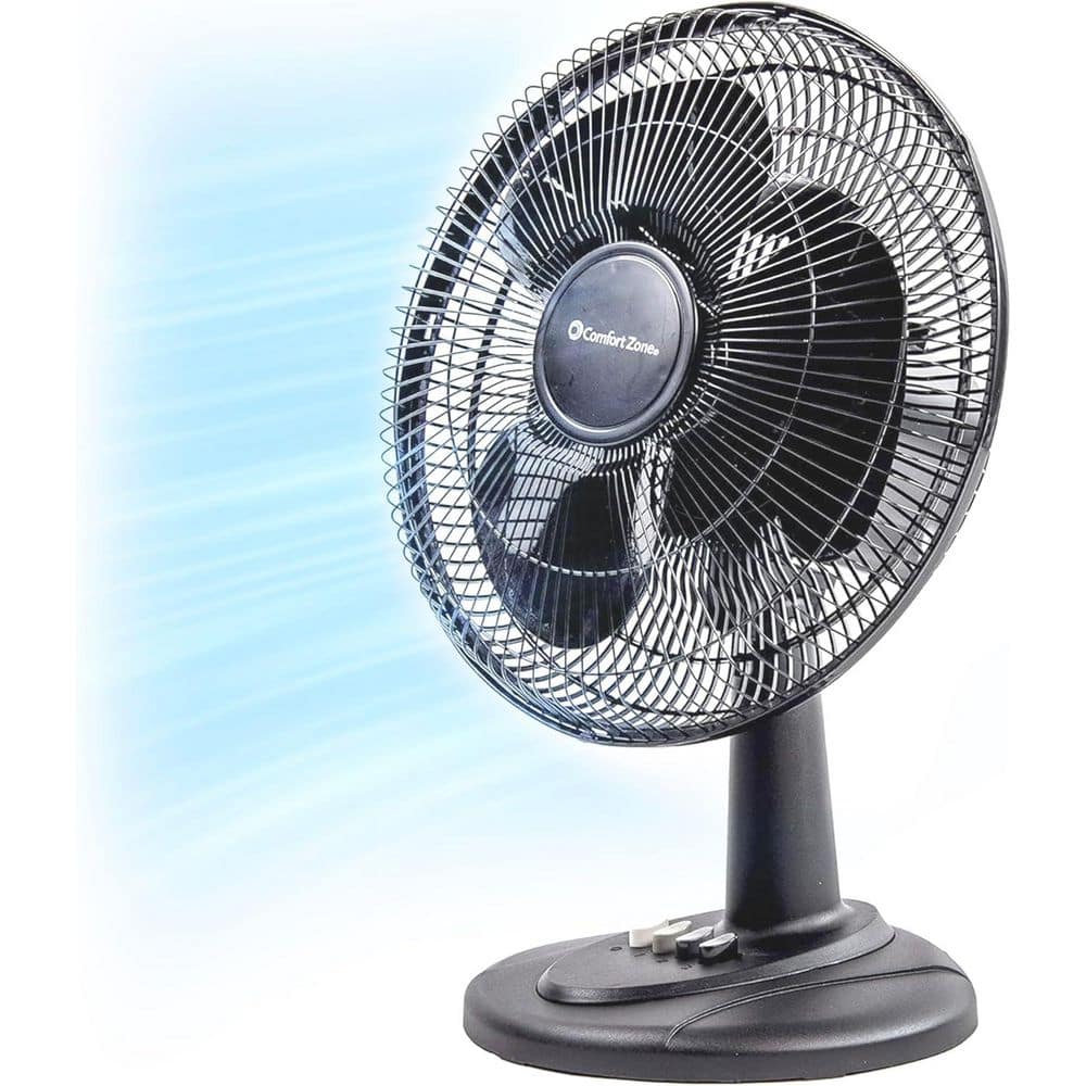Comfort Zone 16 in. Black 3-Speed Oscillating Desk Fan with Adjustable ...