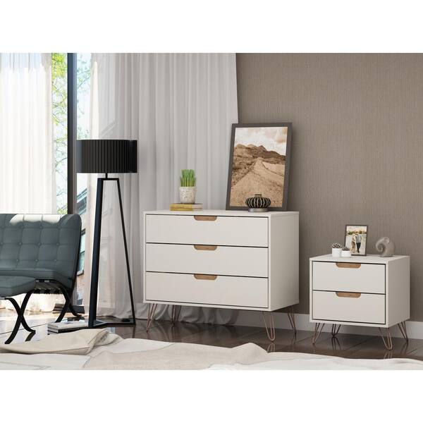 Luxor Intrepid 5 Drawer Off White and Nature Mid Century Modern Dresser and Nightstand Set of 2 104HD3