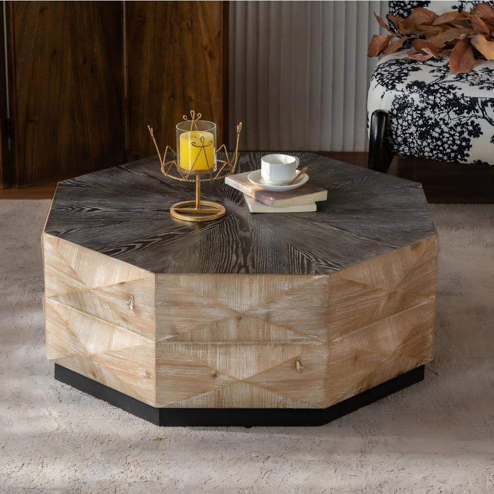Clihome 36.22 in. Natural Octagon Solid Wood Coffee Table, Retro Solid ...