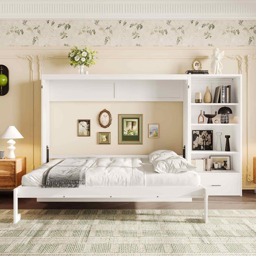 Polibi White Wood Frame Queen Murphy Bed with Height Adjustable Storage ...