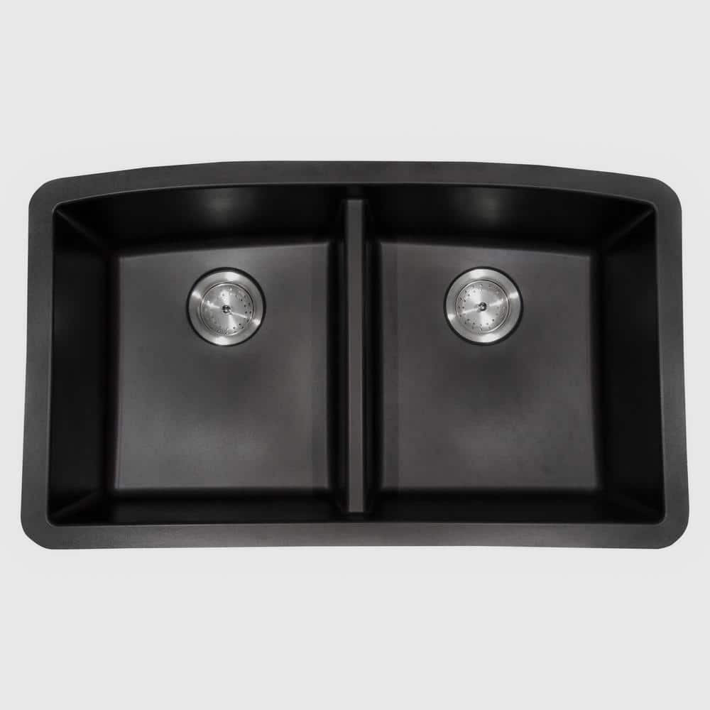 MSI 32.5 in. Undermount Double Bowl Black Quartz Kitchen with Strainer ...