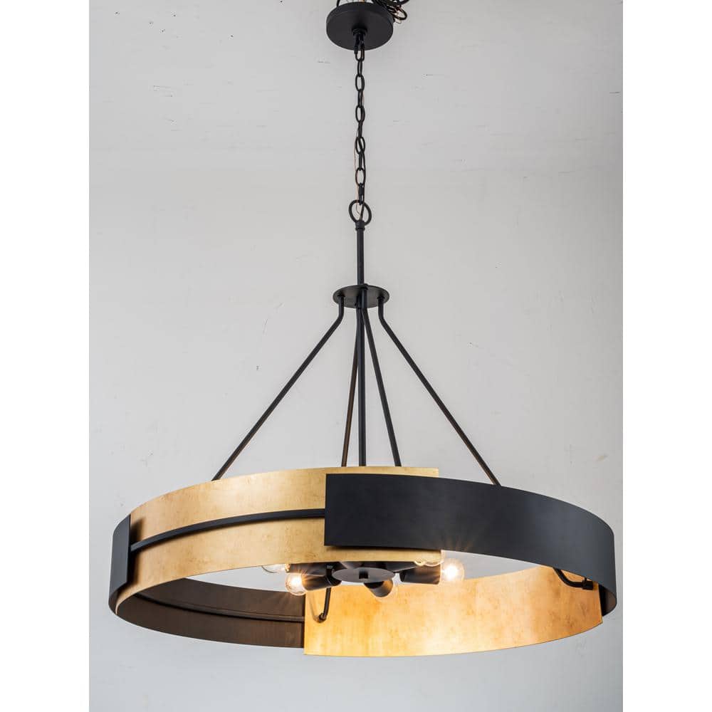 RRTYO Freemont 6-Light Modern Farmhouse Black Gold Leaf Circle Wagon ...