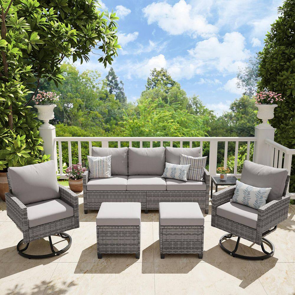 JUSKYS 6-Pieces Gray Patio Wicker Furniture Sets Outdoor Conversation ...