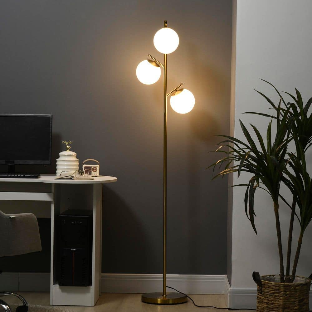 Lasaideal Asom 66.5 in. Gold 3-Light Standard Floor Lamp with Globe ...