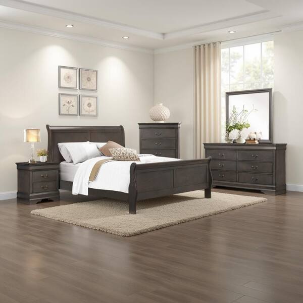 Benjara Fy 3-Piece Stained Gray Wood Full Size Bedroom Set with Modern ...