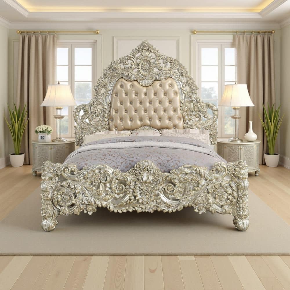 Benjara Esen Brown and Gold Composite Wood Frame King Platform Bed with Upholstered Headboard ...