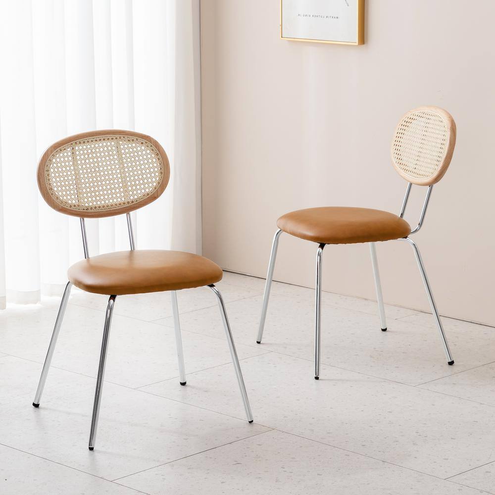 LUE BONA 18 in. Whiskey Brown Faux Leather Dining Chairs with Rattan ...