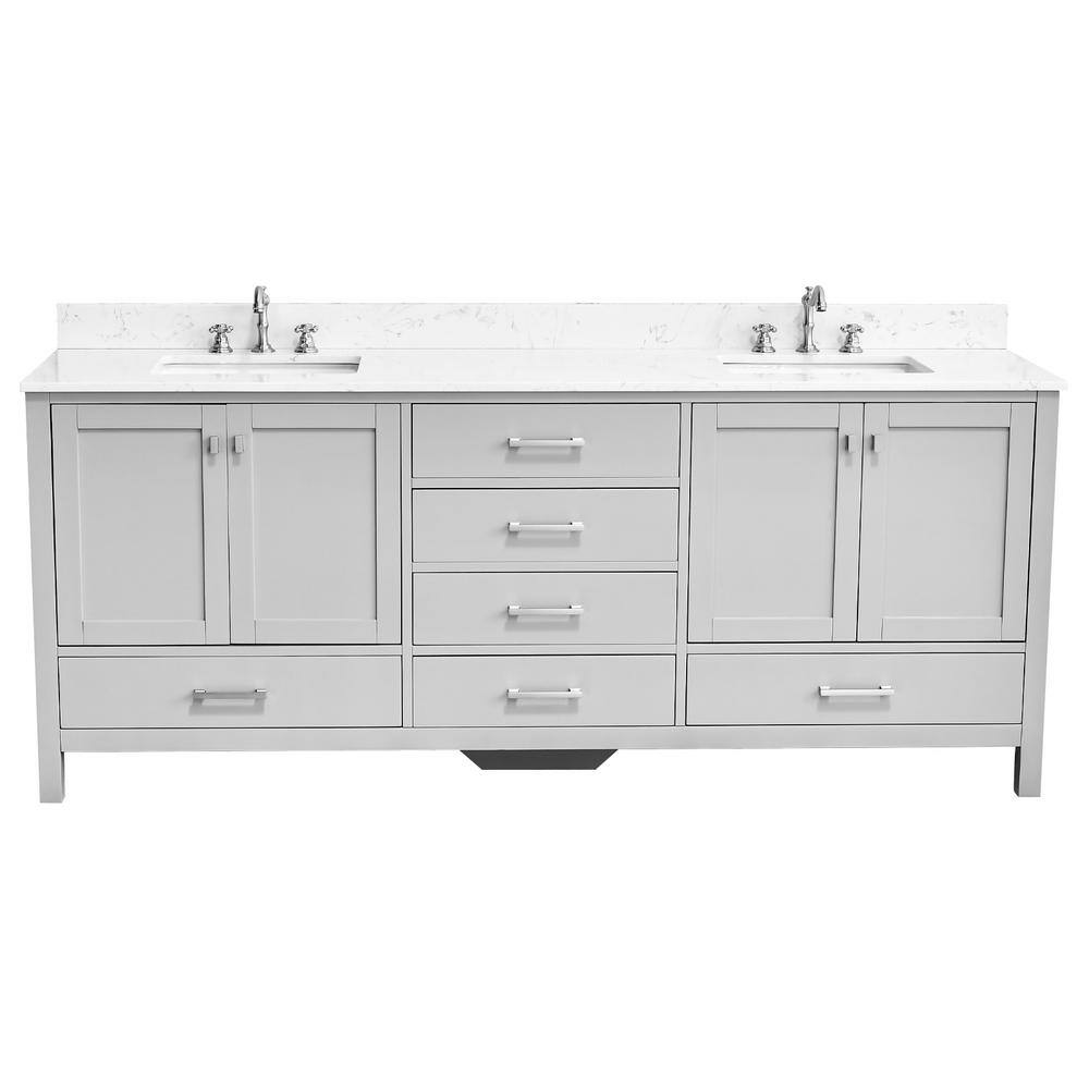 YASINU Bath Mist 84 in. W. Double Sink Freestanding Bath Vanity in Gray with White Engineered ...