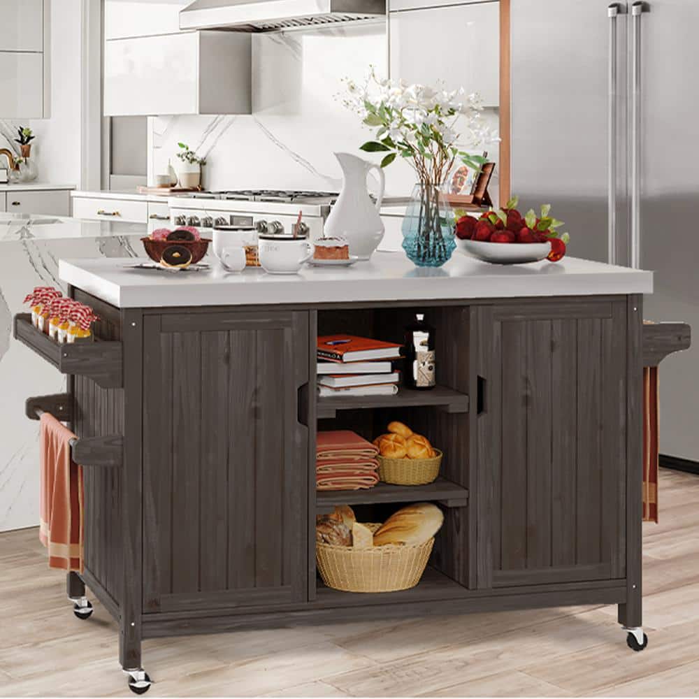 DEXTRUS Solid Wood Outdoor Barbeque Island Cart Serving Bar with Wheels ...