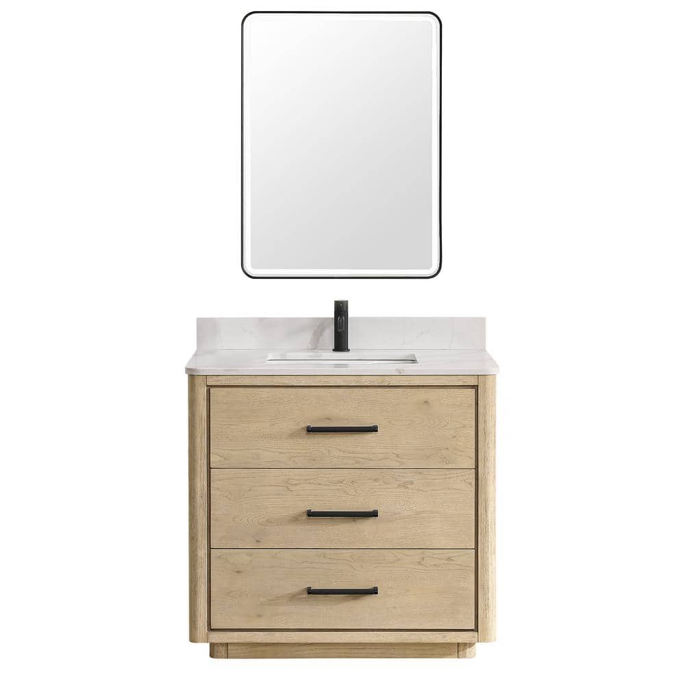 ROSWELL Porto 36 in. W x 22 in. D x 33.8 in. H Single Sink Bath Vanity in Natural Oak with White ...