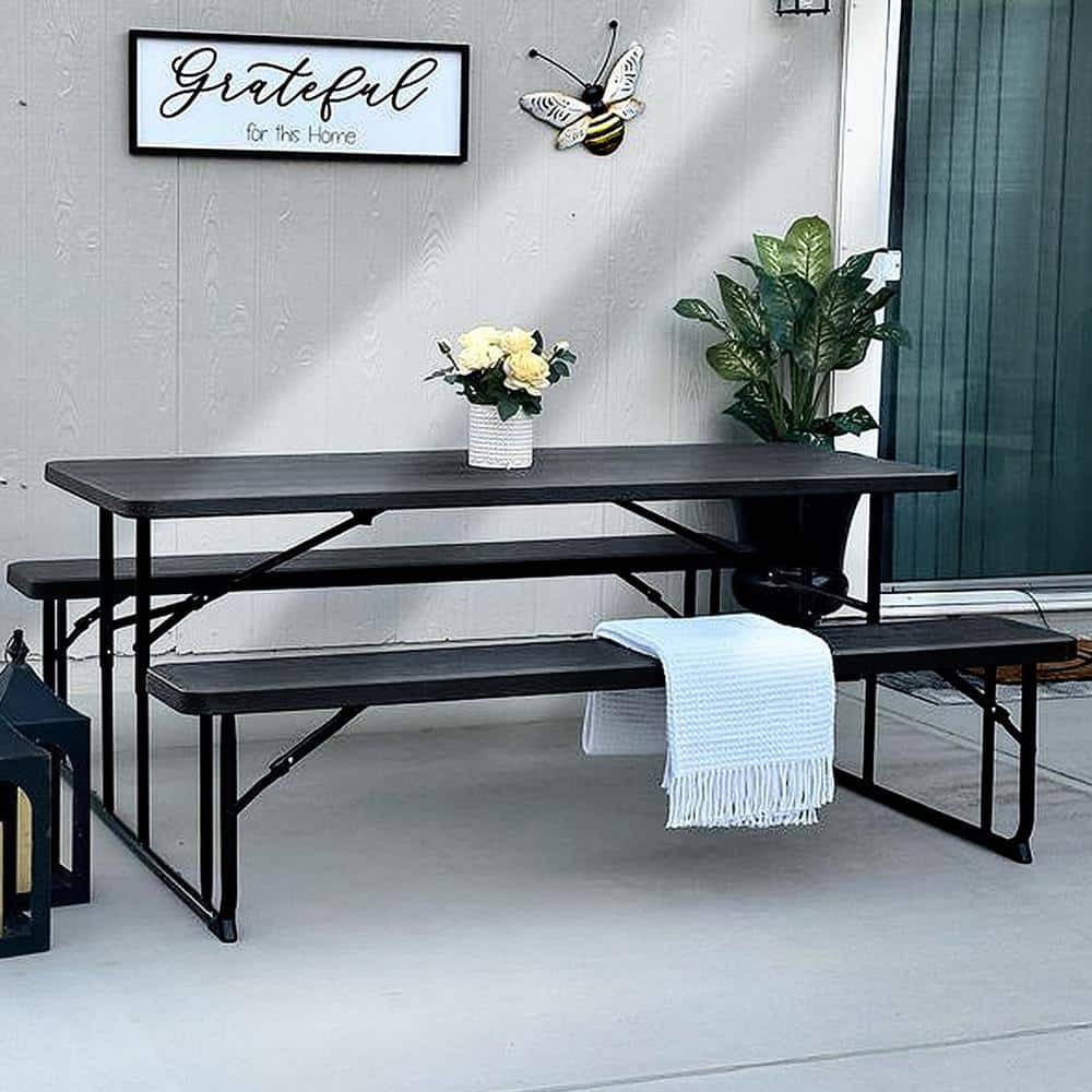 DEXTRUS 6 ft. Black Rectangular HDPE Folding Picnic Table and Bench ...