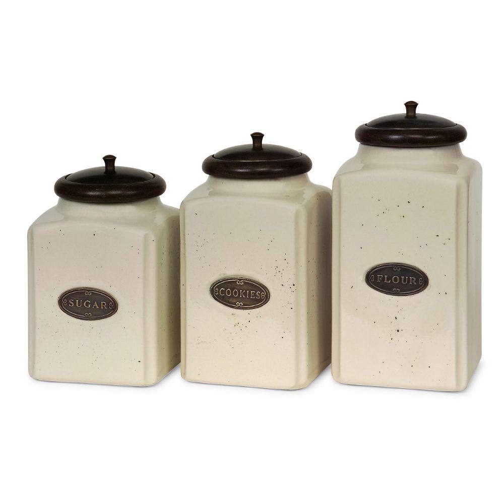Benjara Ivory Ceramic and Mango Wood Canisters (Set of 3) IMX-5358-3 ...