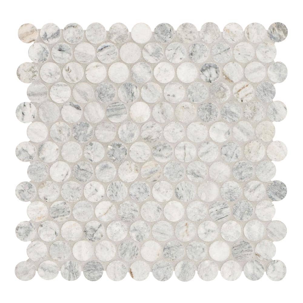 MSI Capri Blue Penny Round 12 in. x 12 in. x 0.38 in. Honed Marble Mesh ...