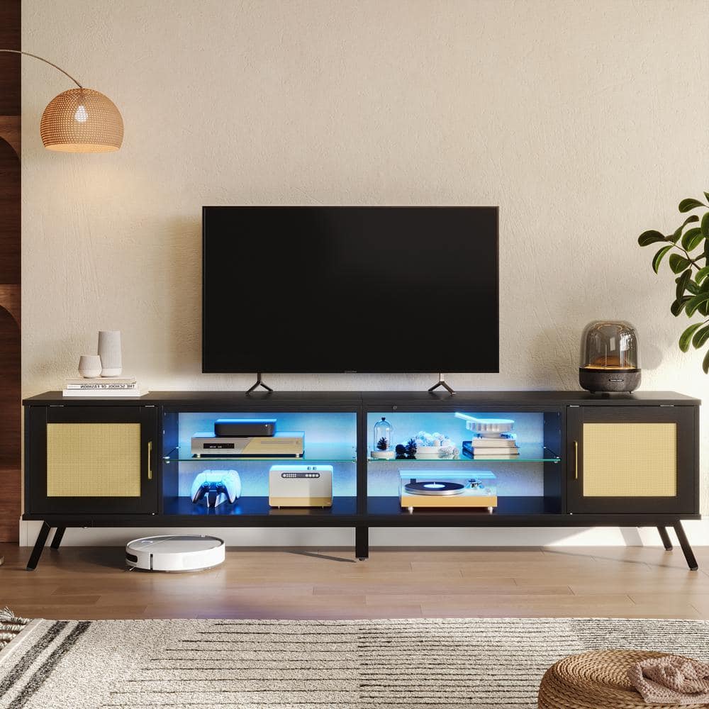Bestier 80 inch Black Rattan Mid Century TV Stand with Storage