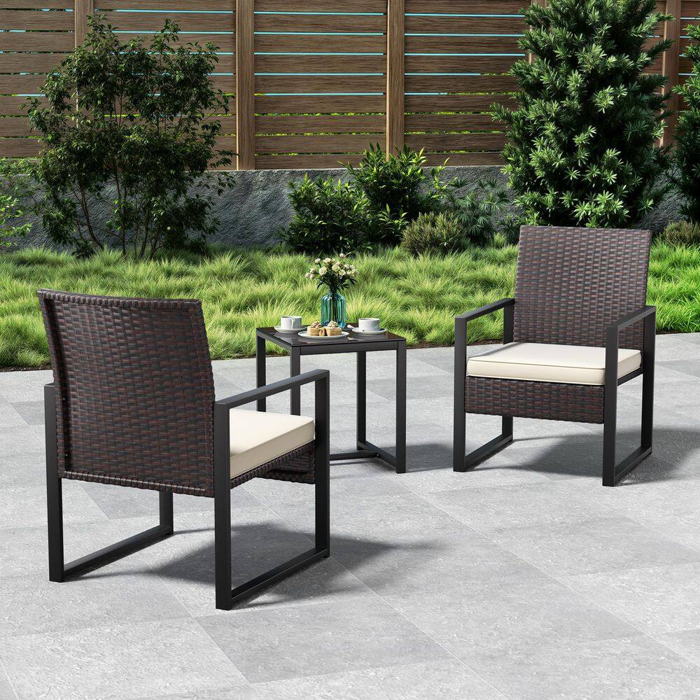 MoNiBloom Set of 3 Brown Steel Frame PE Rattan Patio Chat Sets Chair ...