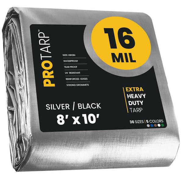 PROTARP 8 ft. x 10 ft. Silver/Black 16 Mil Heavy Duty Polyethylene Tarp, Waterproof, UV ...