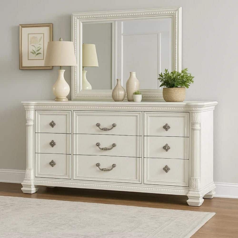 Benjara Naddy White and Silver 9 Drawer 68 in. Dresser without Mirror ...