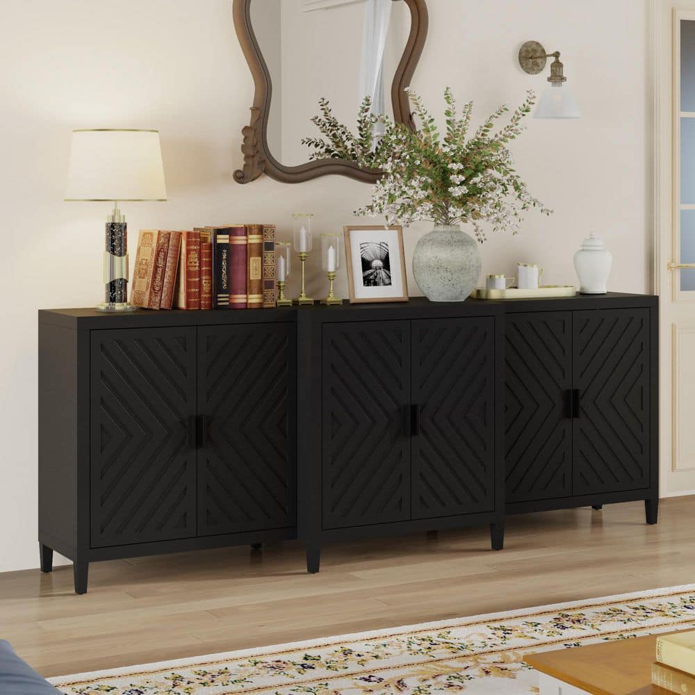 FUFU&GAGA Black 94.5 in. Geometric Storage Cabinet, Sideboard with 3 ...