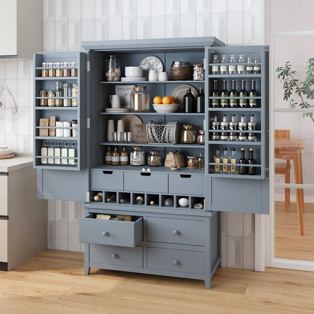 JUJABU Gray Freestanding Large Kitchen Pantry Organizer Cabinet ...