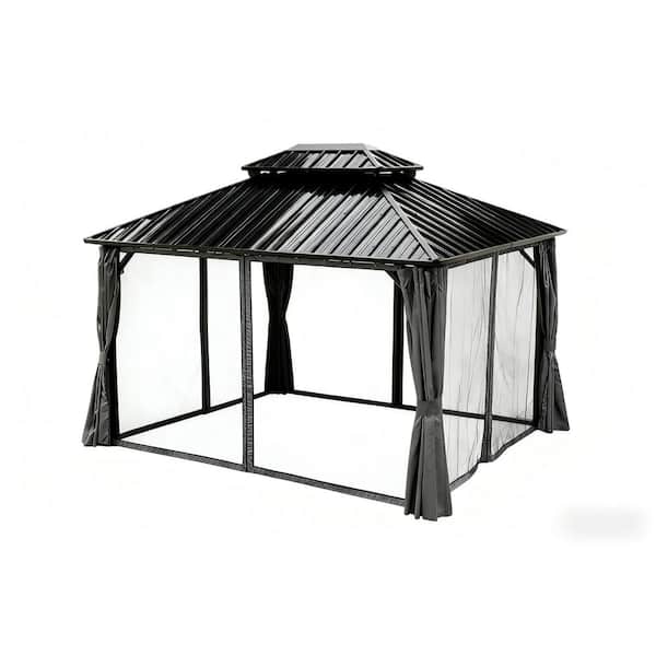 10 ft. x 10 ft. Gray Steel Hardtop Outdoor Gazebo with Netting ...