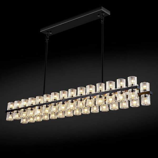 Gleam Flare 60-Light Black Rectangular Chandelier, 54 in. Modern K9 Crystal Chandelier for ...