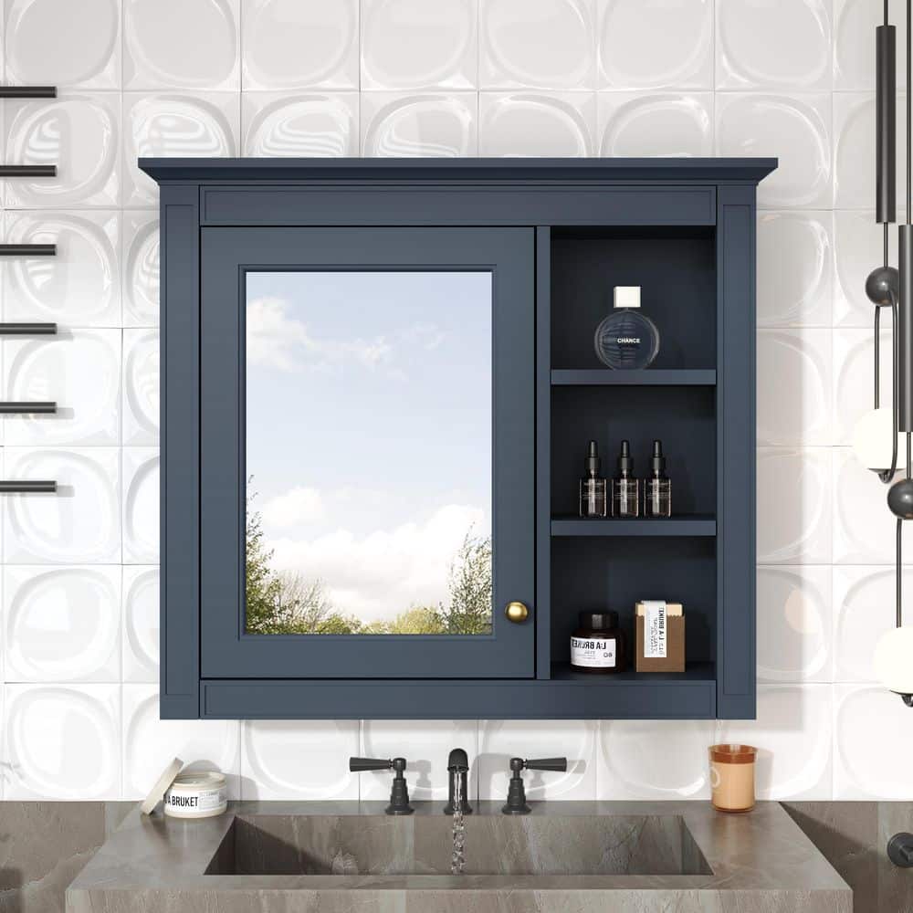 FUNKOL 30 in. W x 28 in. H Dark Blue Rectangular Medicine Cabinet with ...